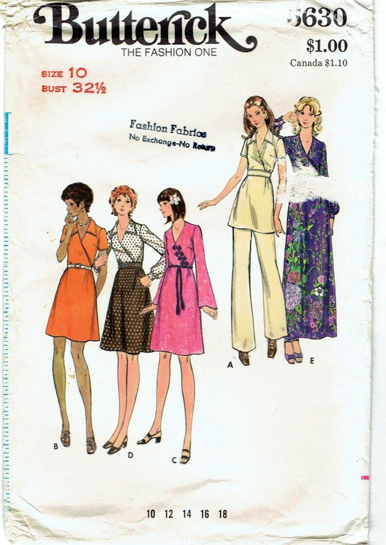 Butterick 6630 Sewing Pattern Vintage 1970s Mod Misses' Tunic Dress and ...