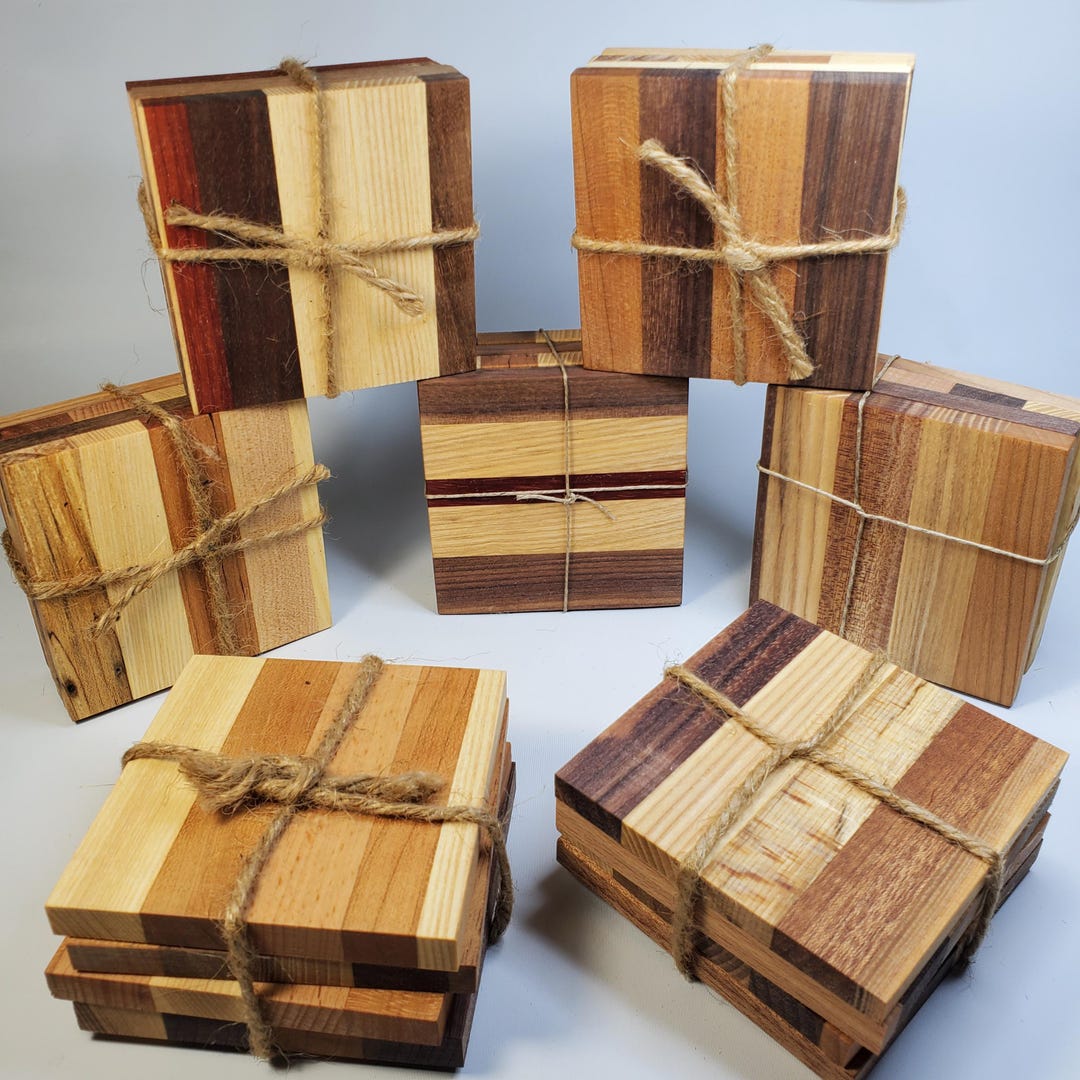 Mixed Hardwood Rustic Coasters | Set of 4 + | Exotic 3.5" Square Wood ...