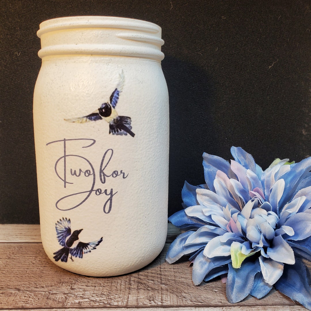 Magpie Mason Jar Poem Two for Joy Hand Painted White - Etsy