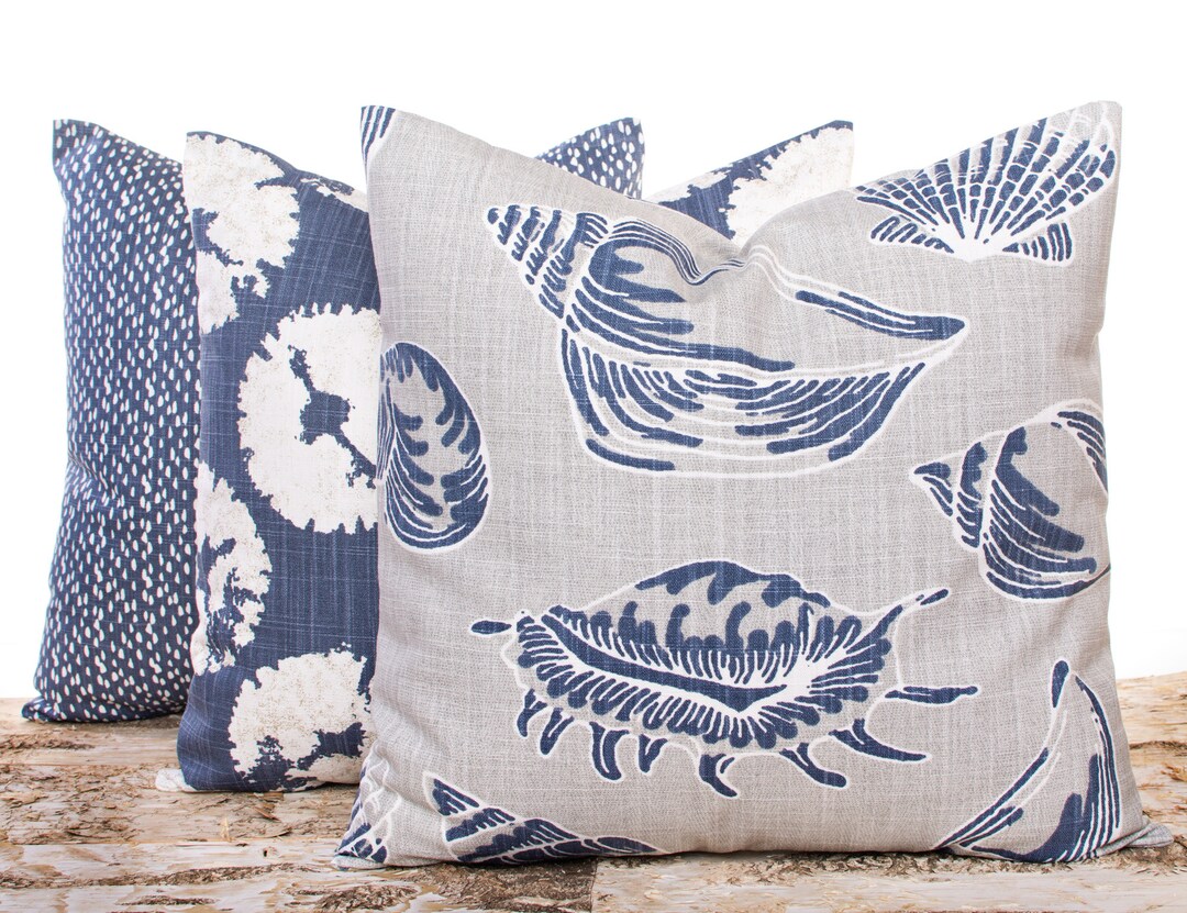 Sea Shells Sand Dollar and Polka Dot Fabrics Set of Navy Pillow Covers ...