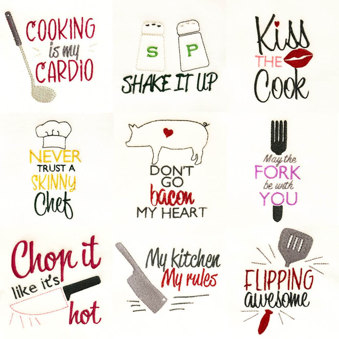 A Collection of 9 Silly Kitchen Sayings Machine Embroidery Design Set ...