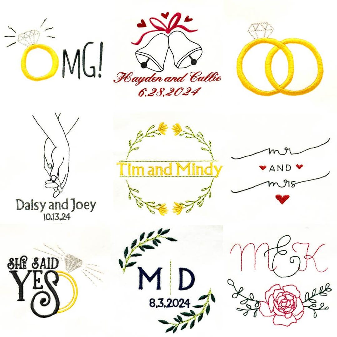 Wedding and Engagement DIGITAL Machine Embroidery Design Set. Nine ...