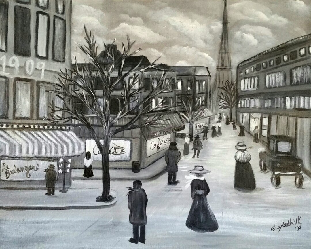 Paris Street in the 1900s, an Original Oil in Black and White on ...
