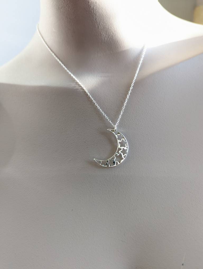 Sterling Silver Crescent Moon & Star Necklace: Handmade Celestial ...