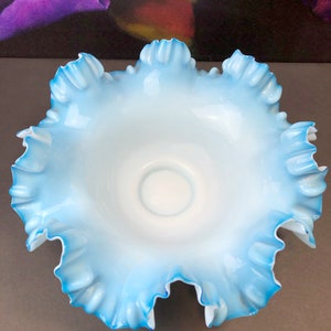 Fenton Blue Opalescent Glass Bowl With Ruffled Rim. Vintage Large Glass ...
