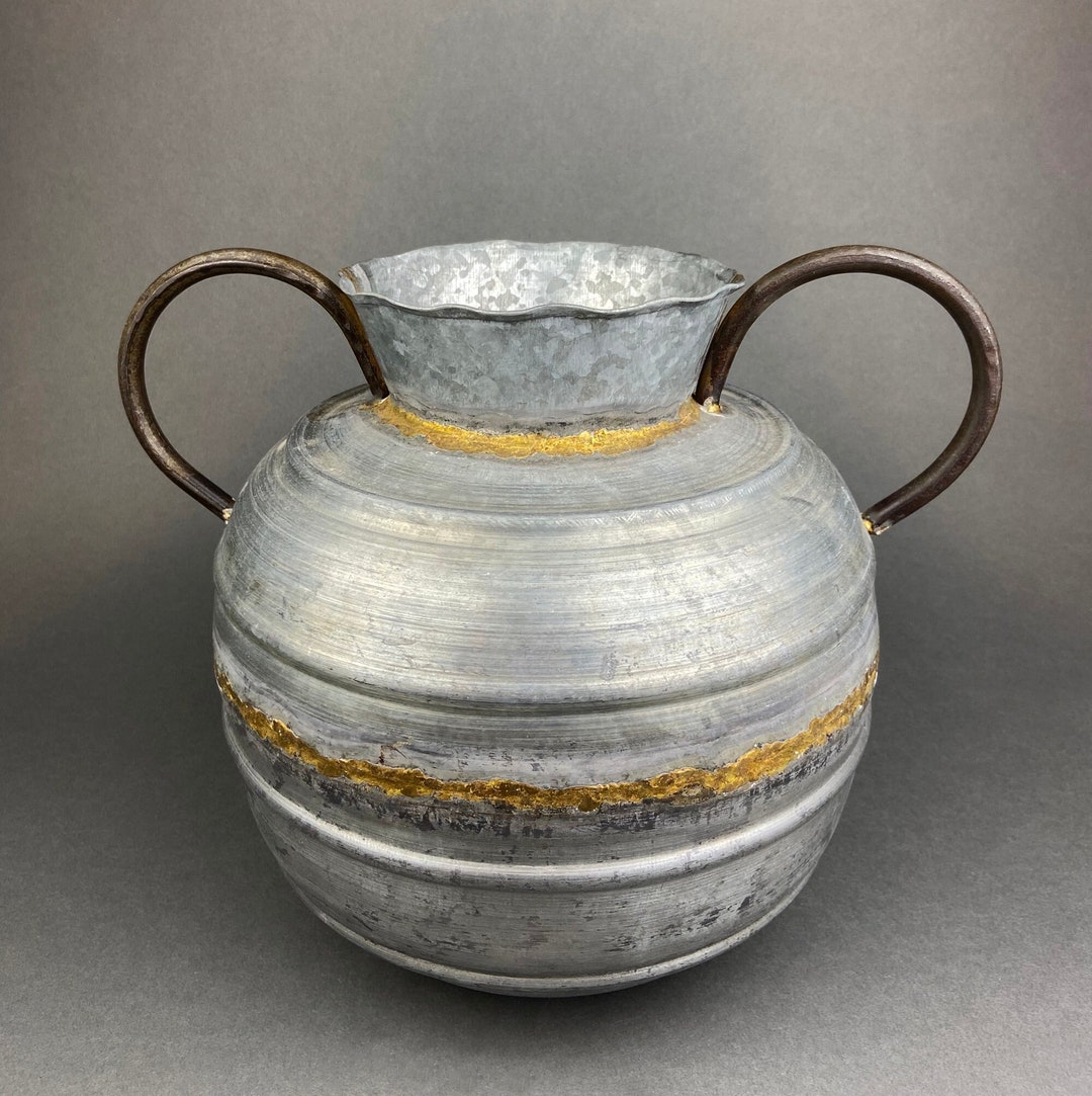 Extra Large Metal Vase With Bronze Handles and Gold Seam. Rustic ...
