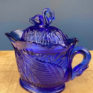 Cobalt Blue Creamer With Swan-shaped Handle and Lid. Glass Creamer With ...