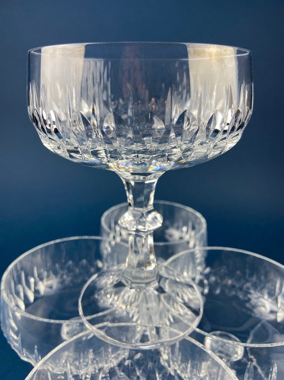 Cut Crystal Champagne Glasses. Geometrical Motif. Set of 7 Stemware ...