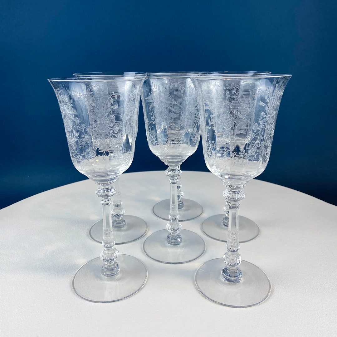 Heisey Wine Goblets. Set of 7 Orchid Pattern Etched Crystal Glasses ...