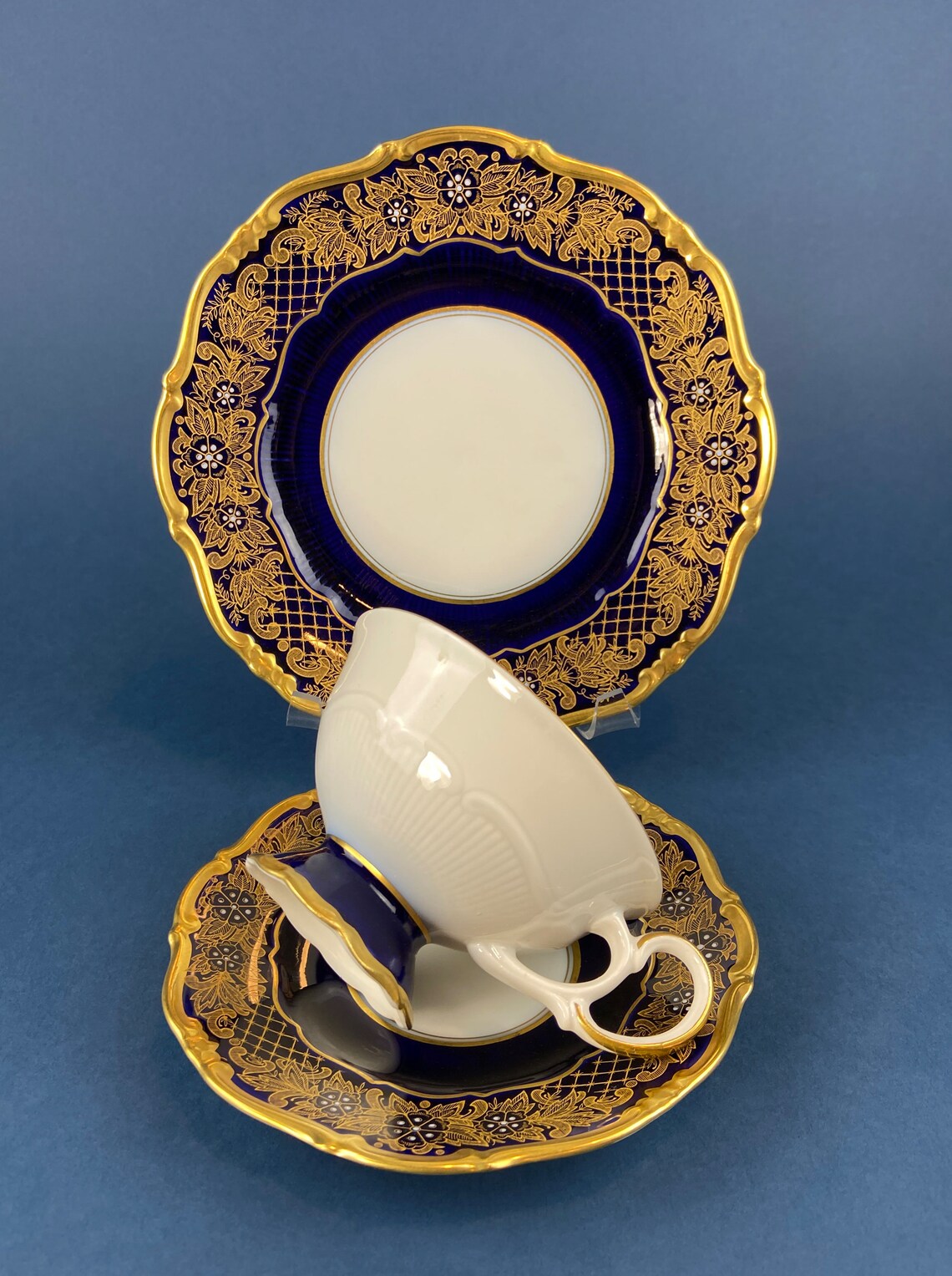 Antique Cup and Saucer Trio. Cobalt Blue Cup, Saucer & Dessert Plate ...