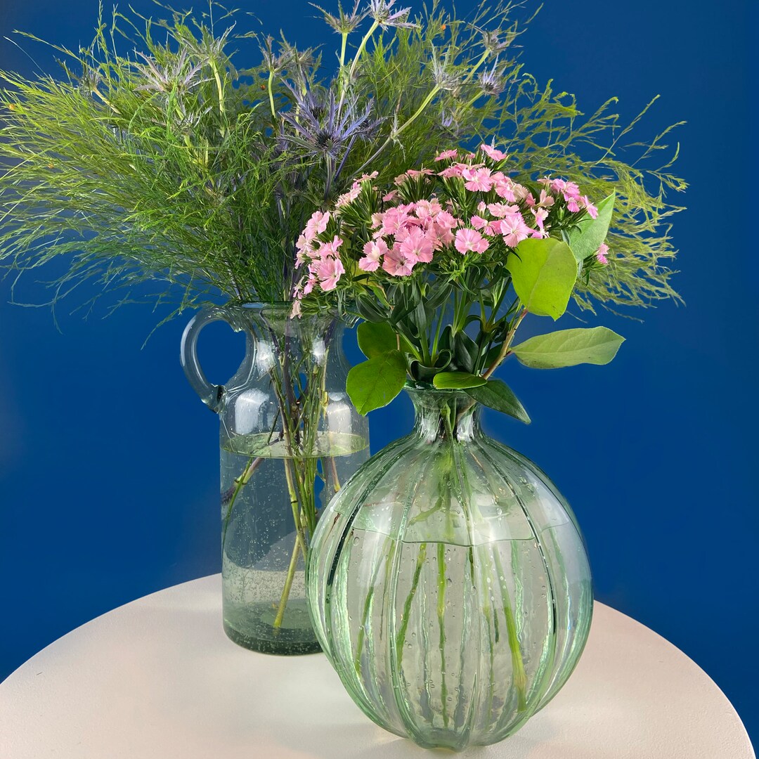 Hand Blown Glass, Light Green Vases. Pair of Large Thick Heavy Glass ...