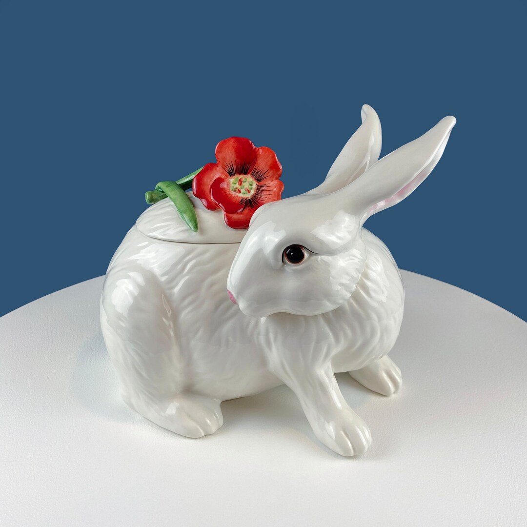 Large Fitz & Floyd Bunny Cookie Jar. Cute White Rabbit With Flower. Lid ...