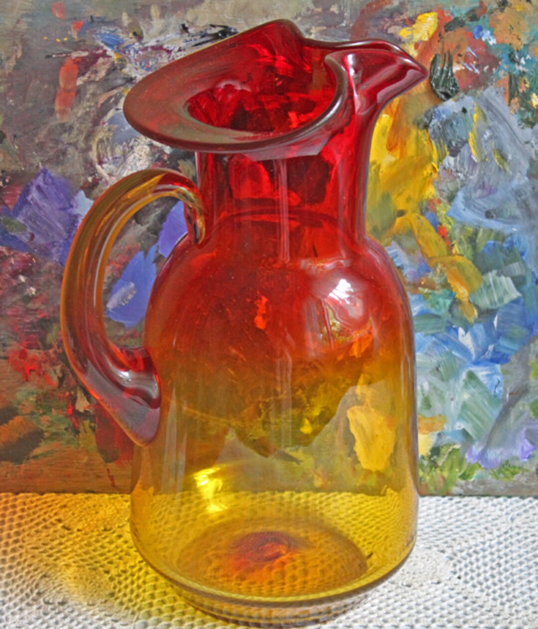 Glass Art Pitcher in Red and Amber Colors. Large Double Color Glass ...
