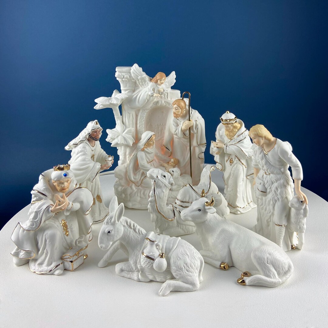 White Bisque Porcelain With Gold Trims Illuminated Nativity Set. Set of ...