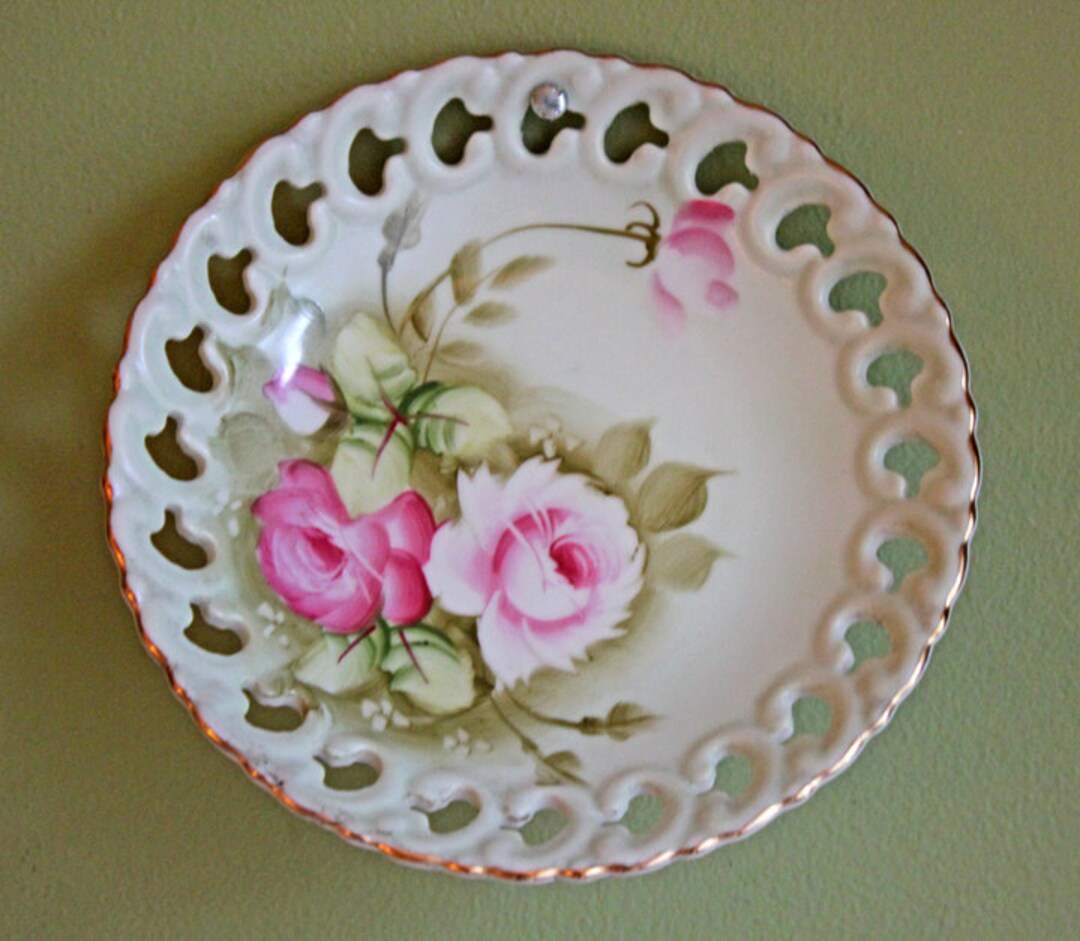 Lefton Porcelain Hand Painted Plate.rose Motif. Reticulated Lacey Rim ...