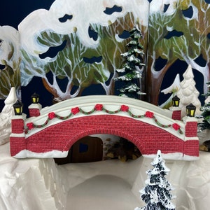 Christmas Village Red Bridge by Lemax. Porcelain Bridge With Lanterns ...