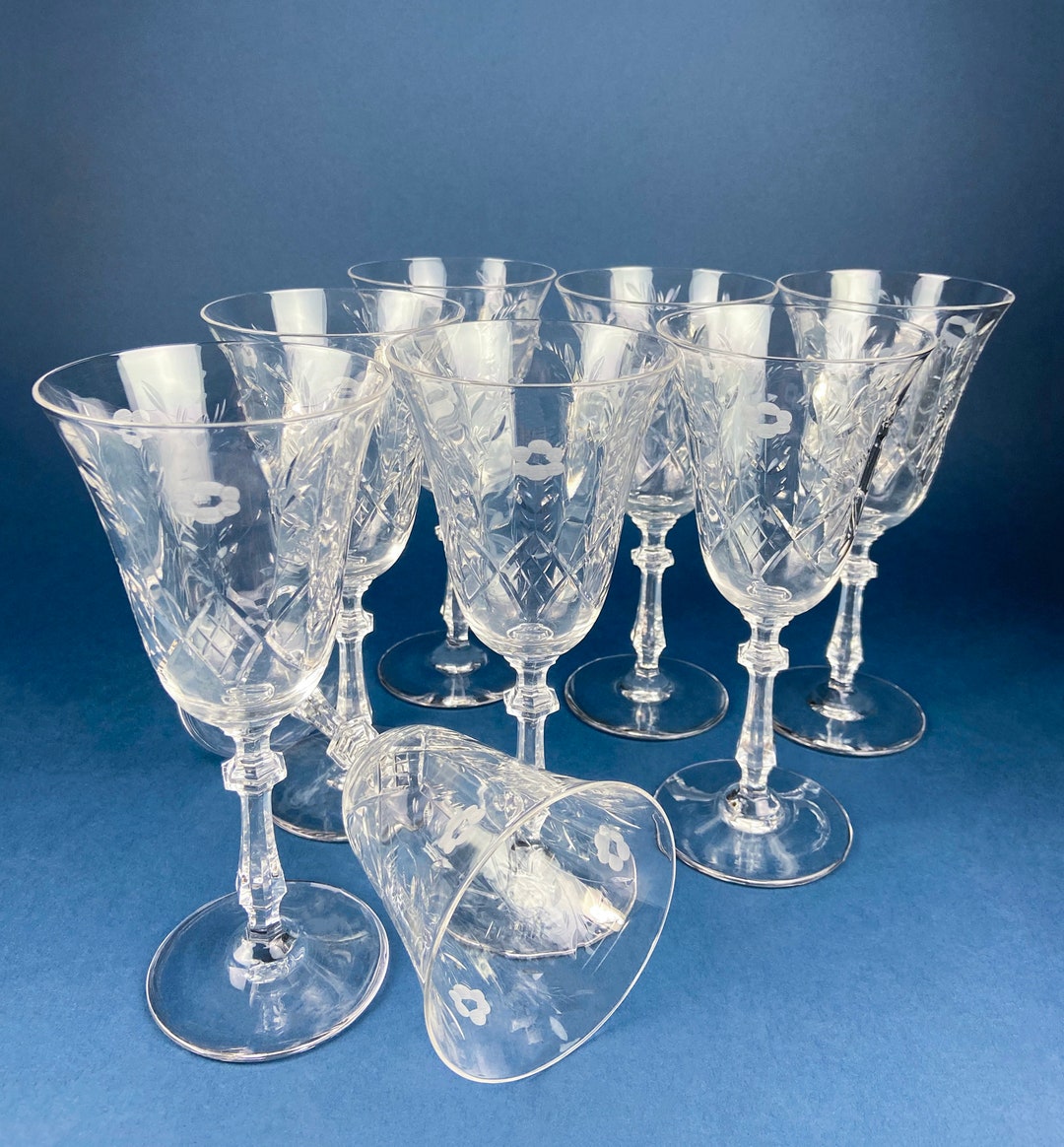 Vintage, Cut Crystal Wine or Water Goblets. Rose or Daisy Motif. Set of ...