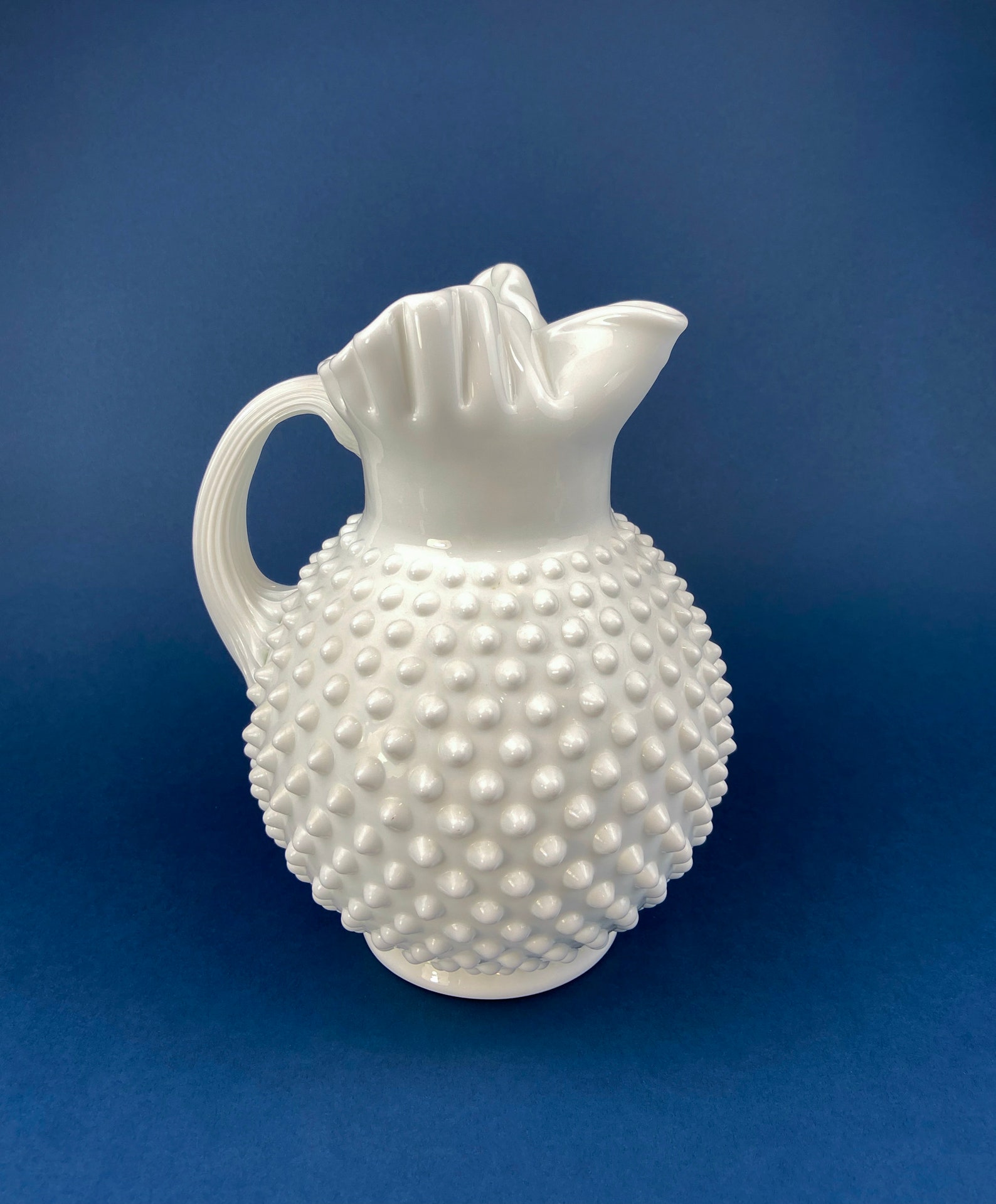 Milk Glass Pitcher With Hobnail Pattern and Ruffled Rim. Large Jug With ...