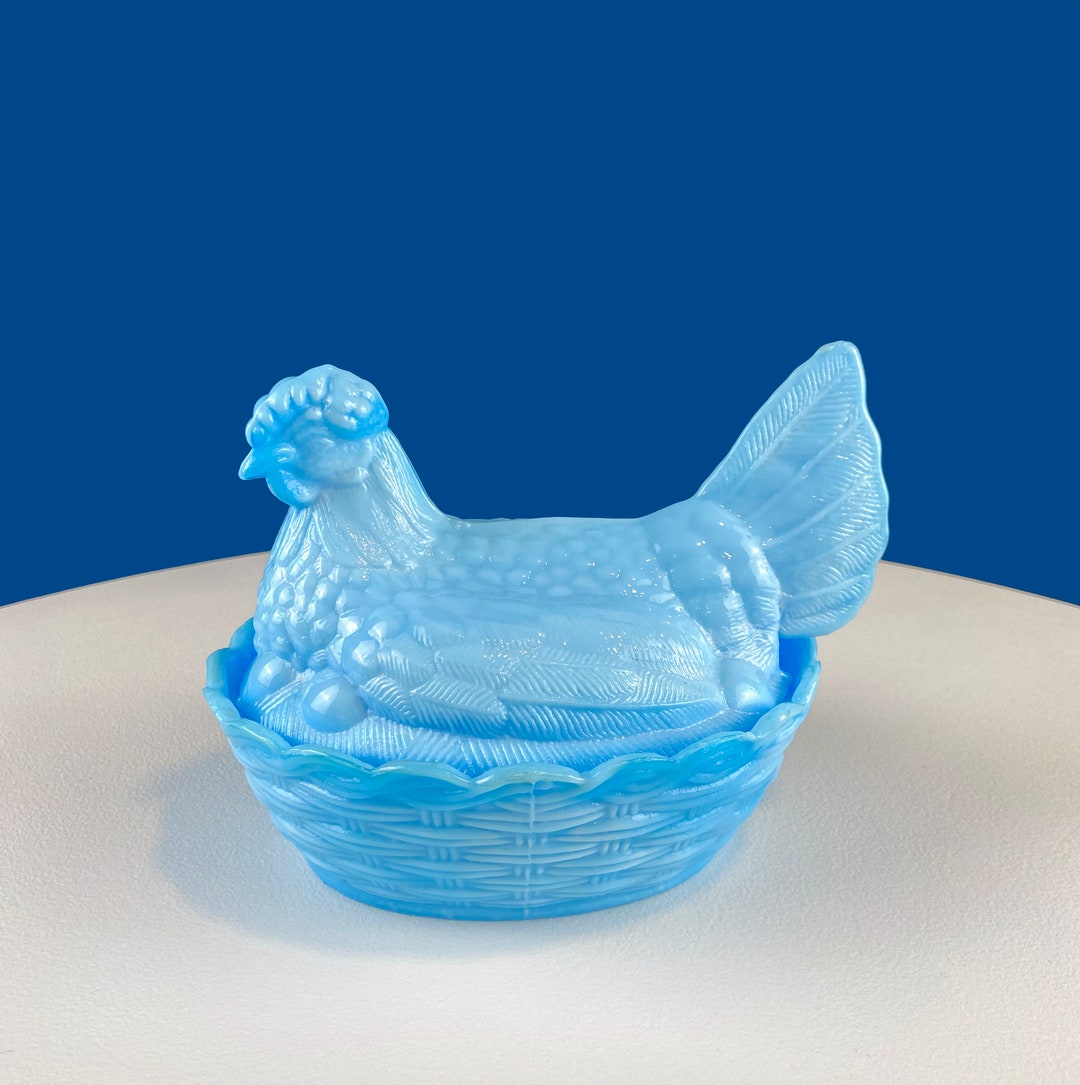 Blue Milk Glass Hen in a Basket. Milk Glass Chicken Sitting on Eggs in ...