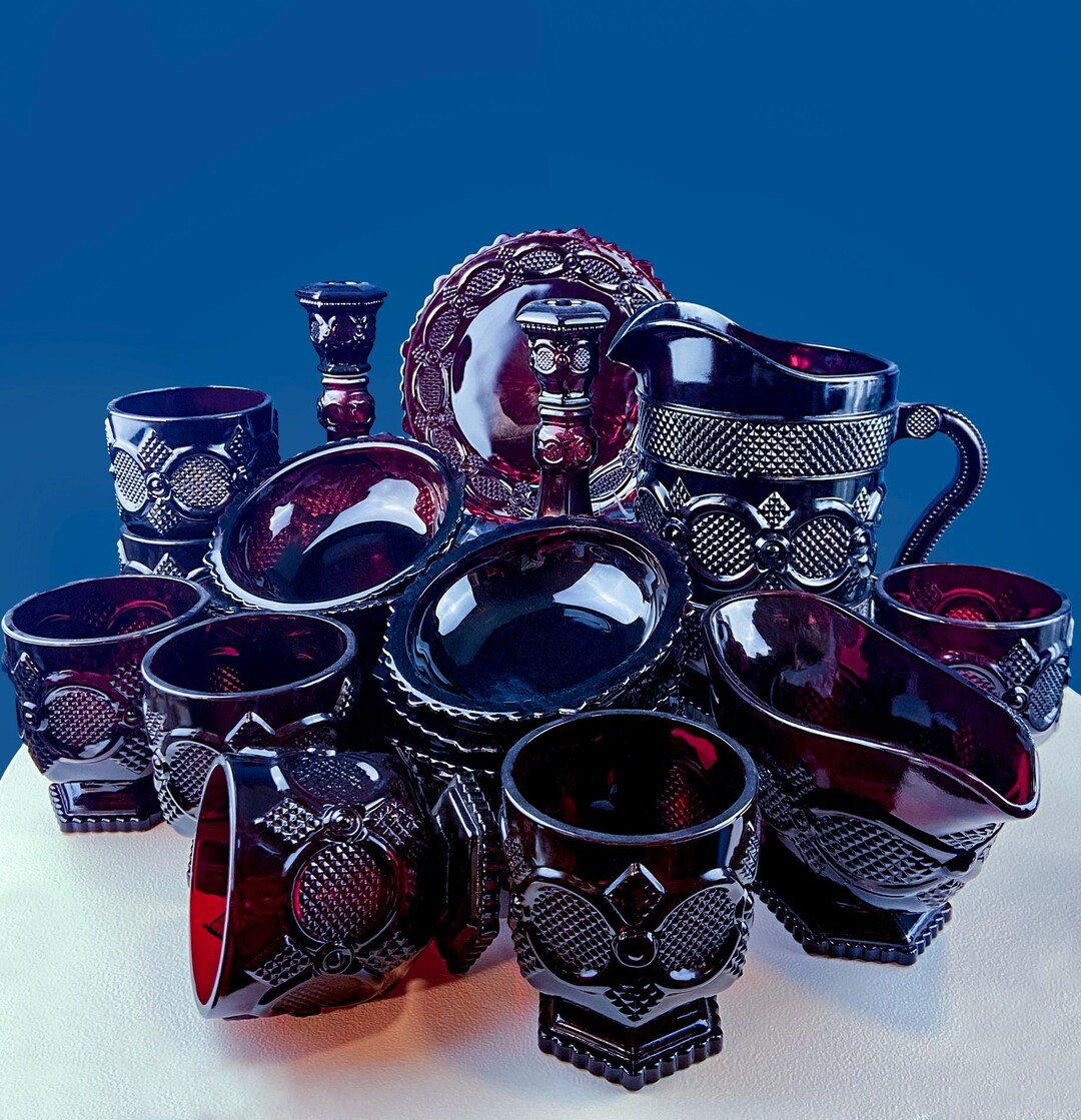 Vintage Ruby Red Avon Cape Cod Dessert Set. 25 Pieces: Plates Bowls ...