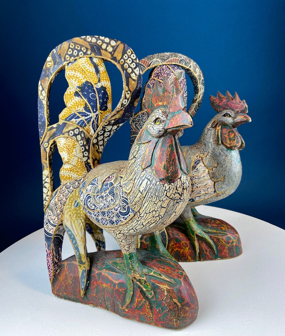 Set of 2 Wooden Hand Carved Rooster Figurines. Wood With Fabric Inlays ...