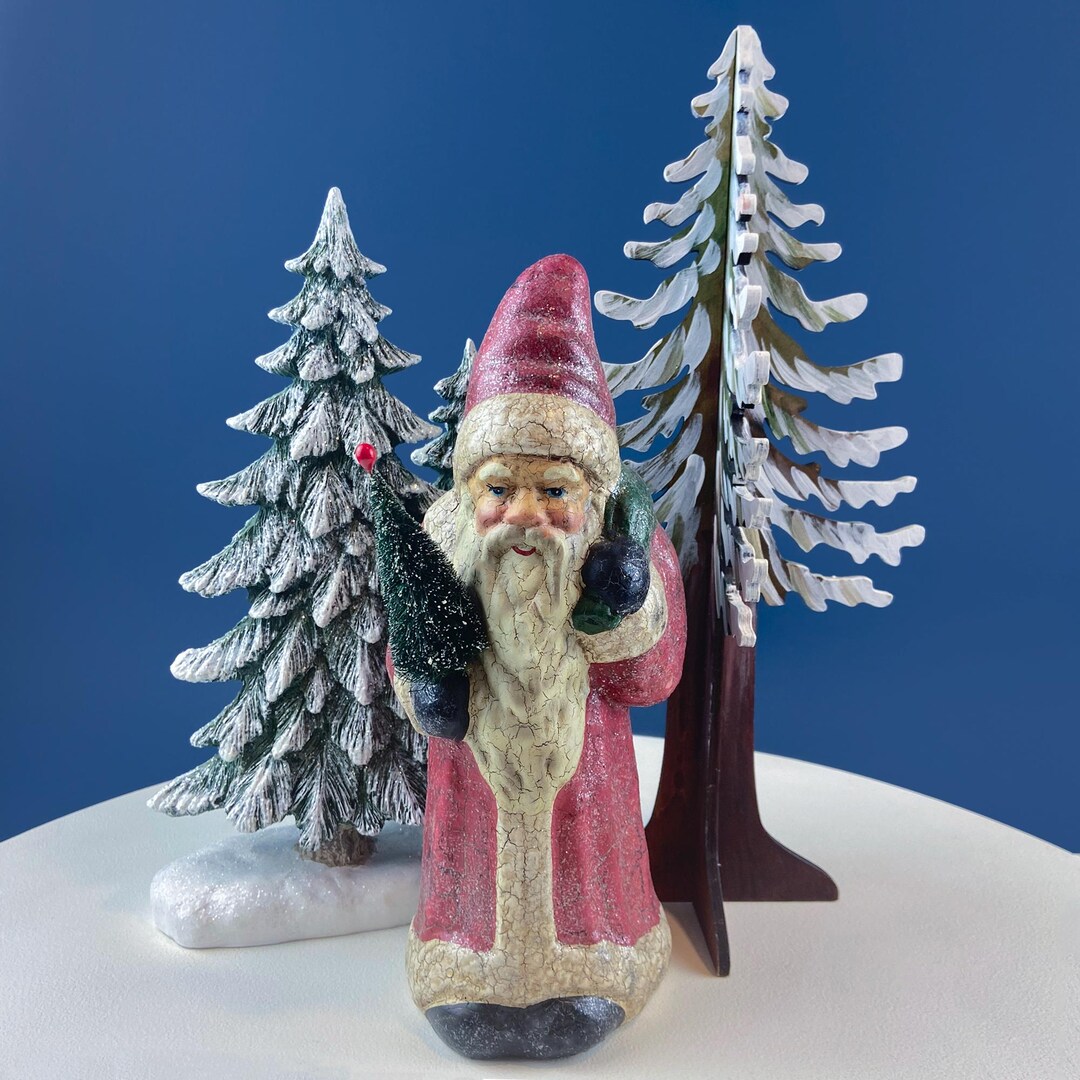 Rustic Belsnickel Santa in Red Coat Holding Christmas Tree. Collectible ...