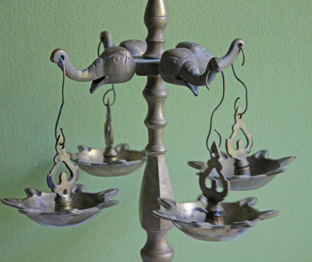 Traditional Diya Oil Lamp. 15" Antique Brass Oil Lamp With Five Burners ...