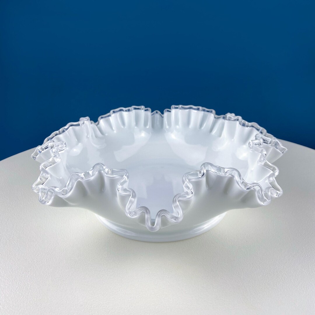 Large Silvercrest Bowl With Ruffled Edge. White Glass Fruit Bowl or ...