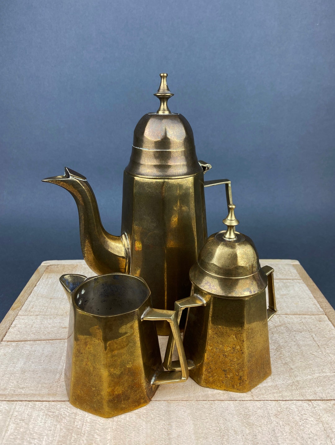 Antique Brass Service Set With Coffee Pot, Creamer & Sugar Bowl. Heavy ...