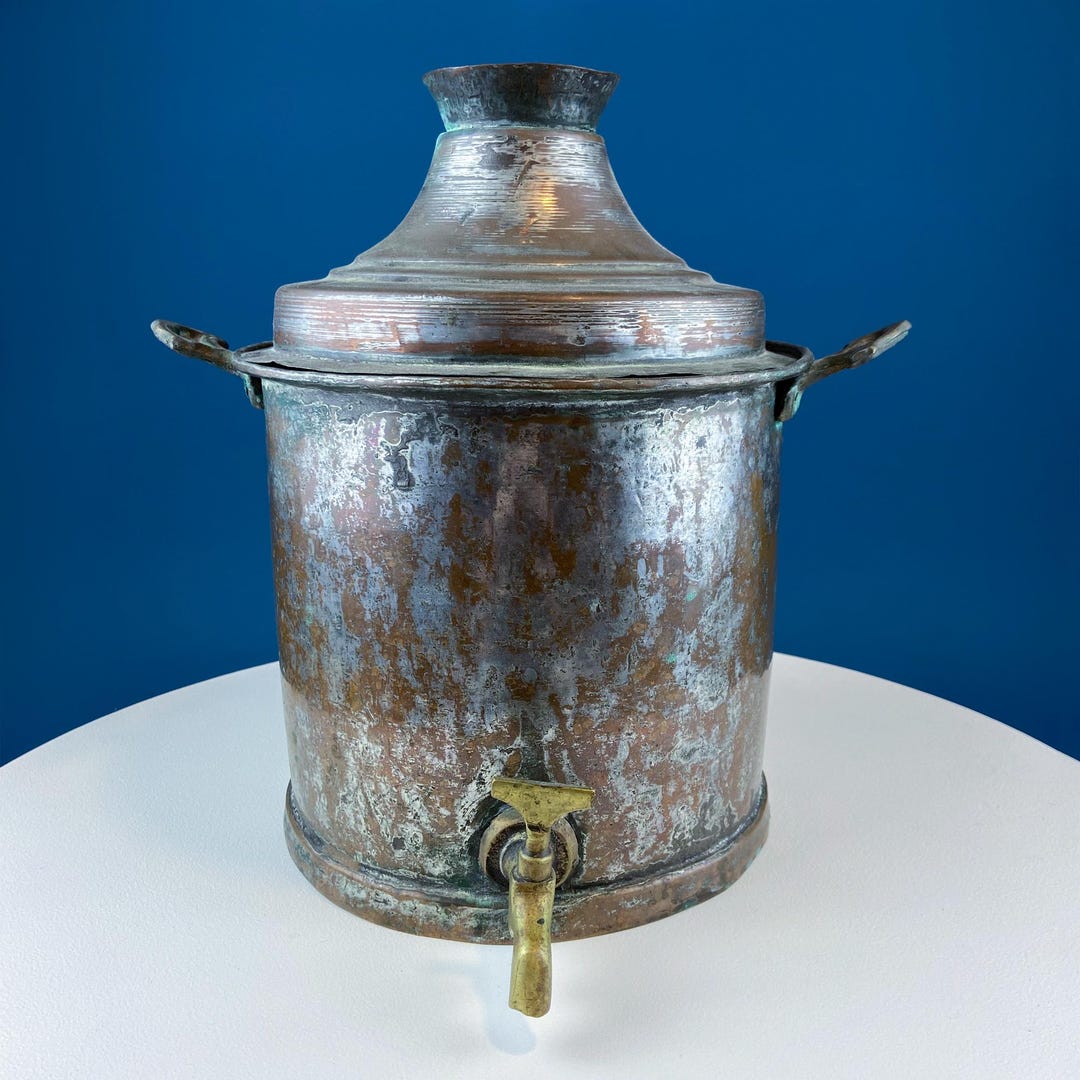 Hand Pounded Tin Copper Turkish Jug With Brass Spigot & Handles. Rustic ...