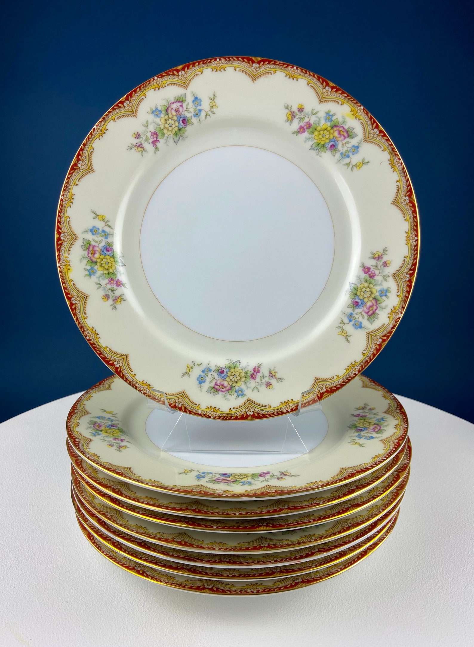 Vintage Dinner Set With Yellow Red Bands Rose Garlands. Kikusui China ...
