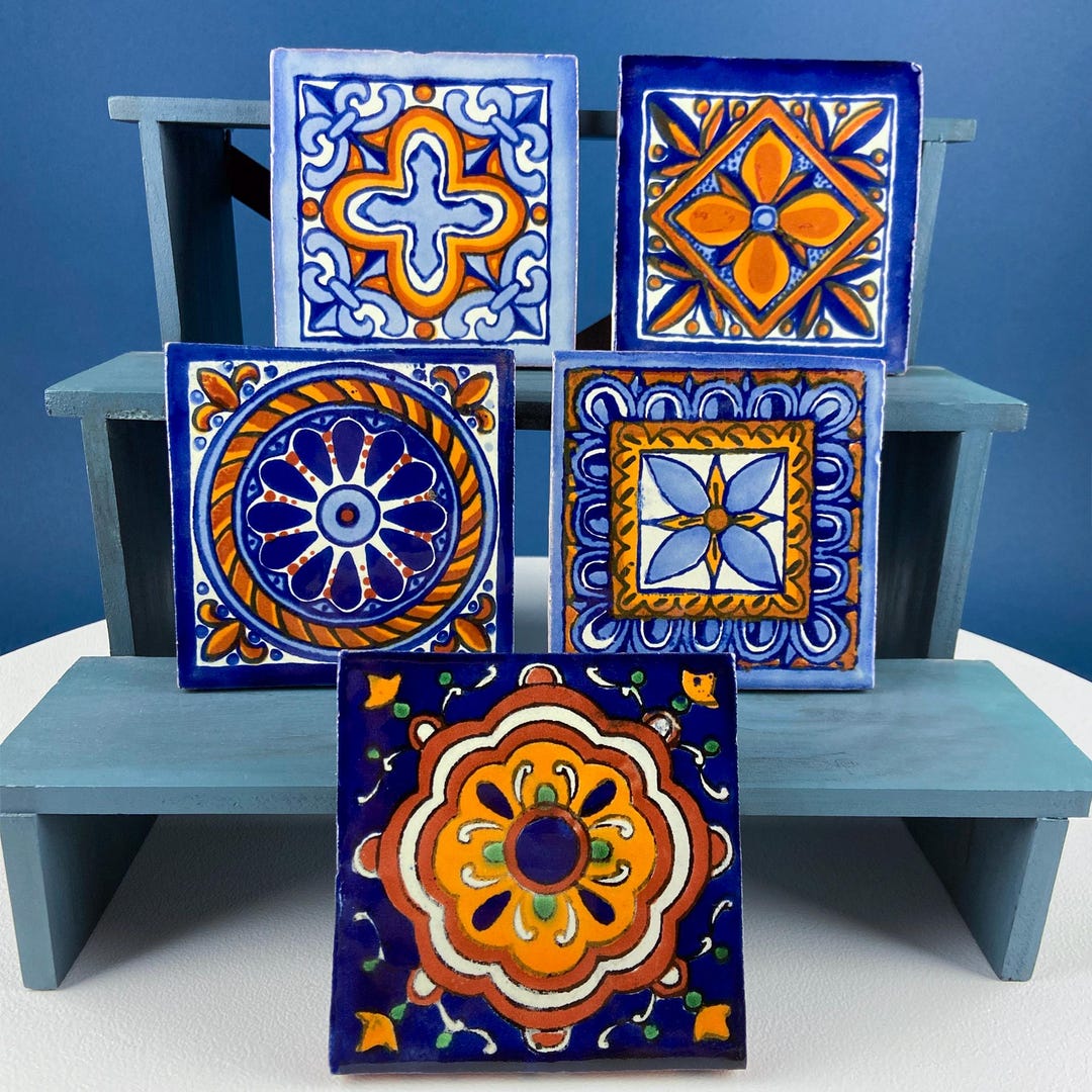 Set of 5 Handmade Mexican Spanish Ethnic Tiles. Simplified Hand Painted ...