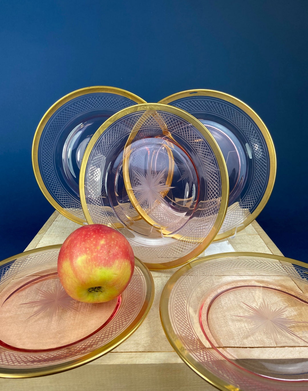 Salad Plates Antique Etched Pink Glass With Gold Rims. Set of Five ...