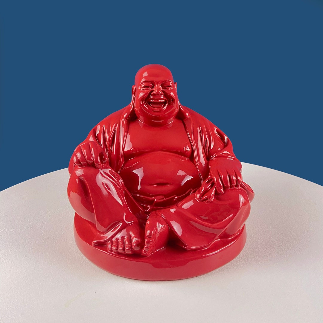 Fluffy Red Laughing Budda With Elongated Ear Lobes. Pinkish Red Statue ...