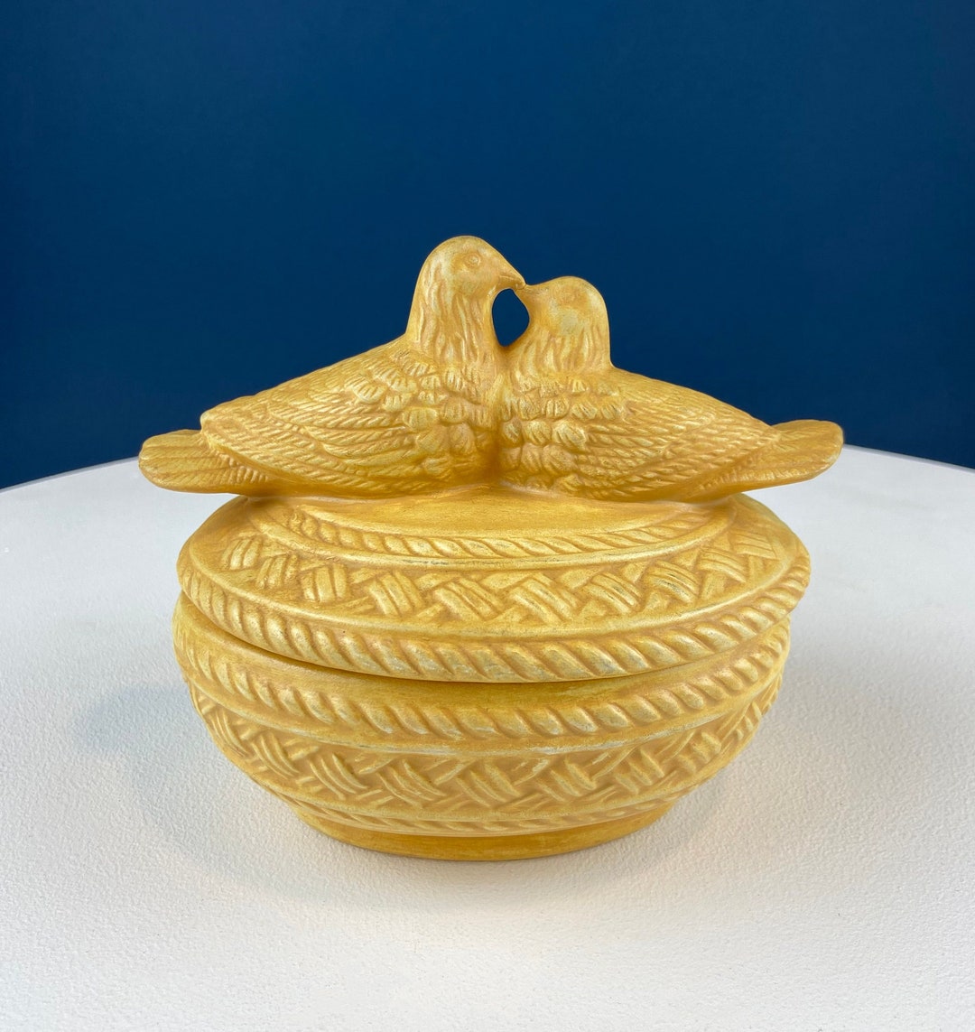Buff Colored Ceramic Doves on Nest. Beige Kissing Birds on Basket. Dish ...