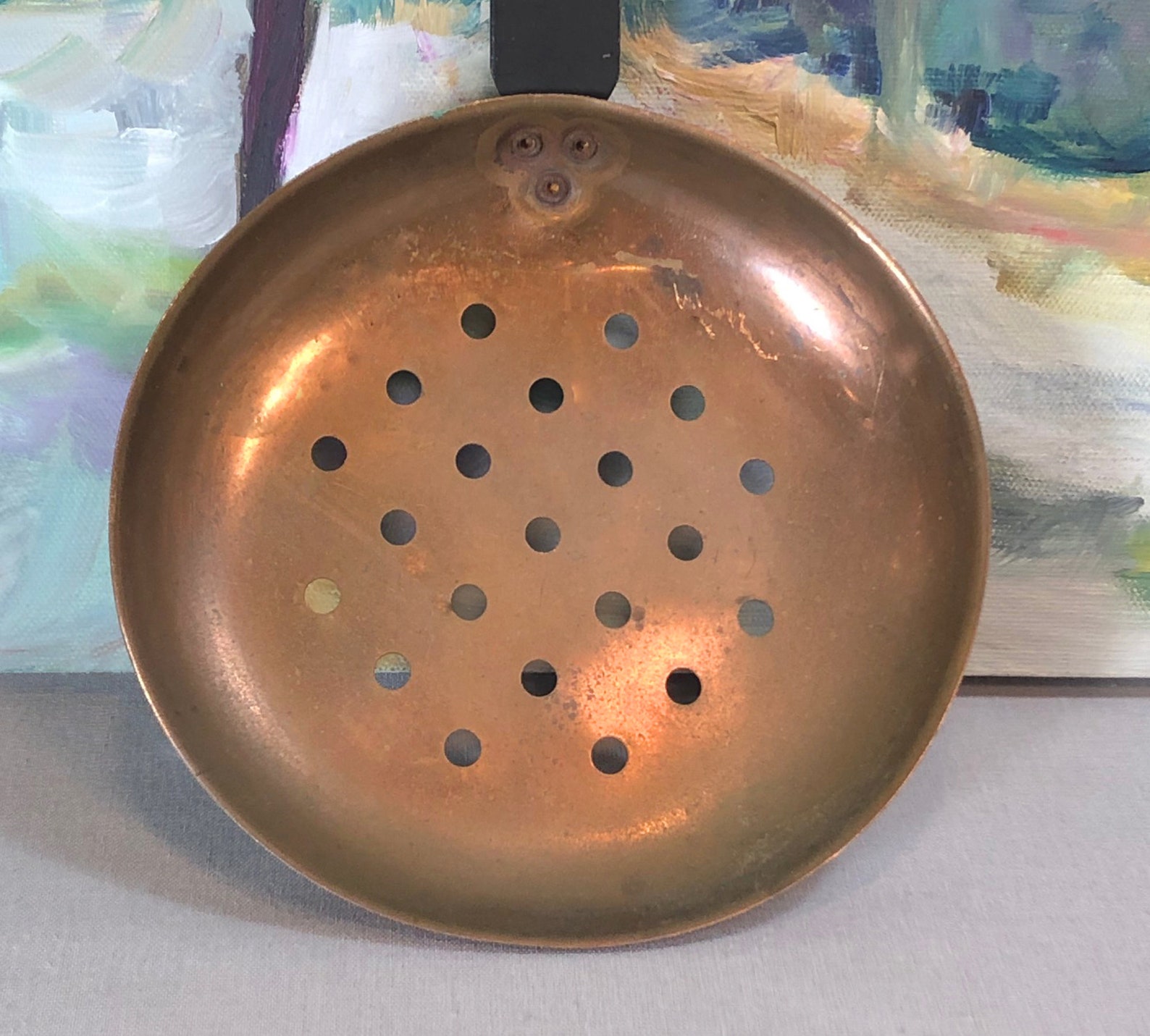 Vintage Copper Large Flat Slotted Ladle With Long Coated Stainless ...