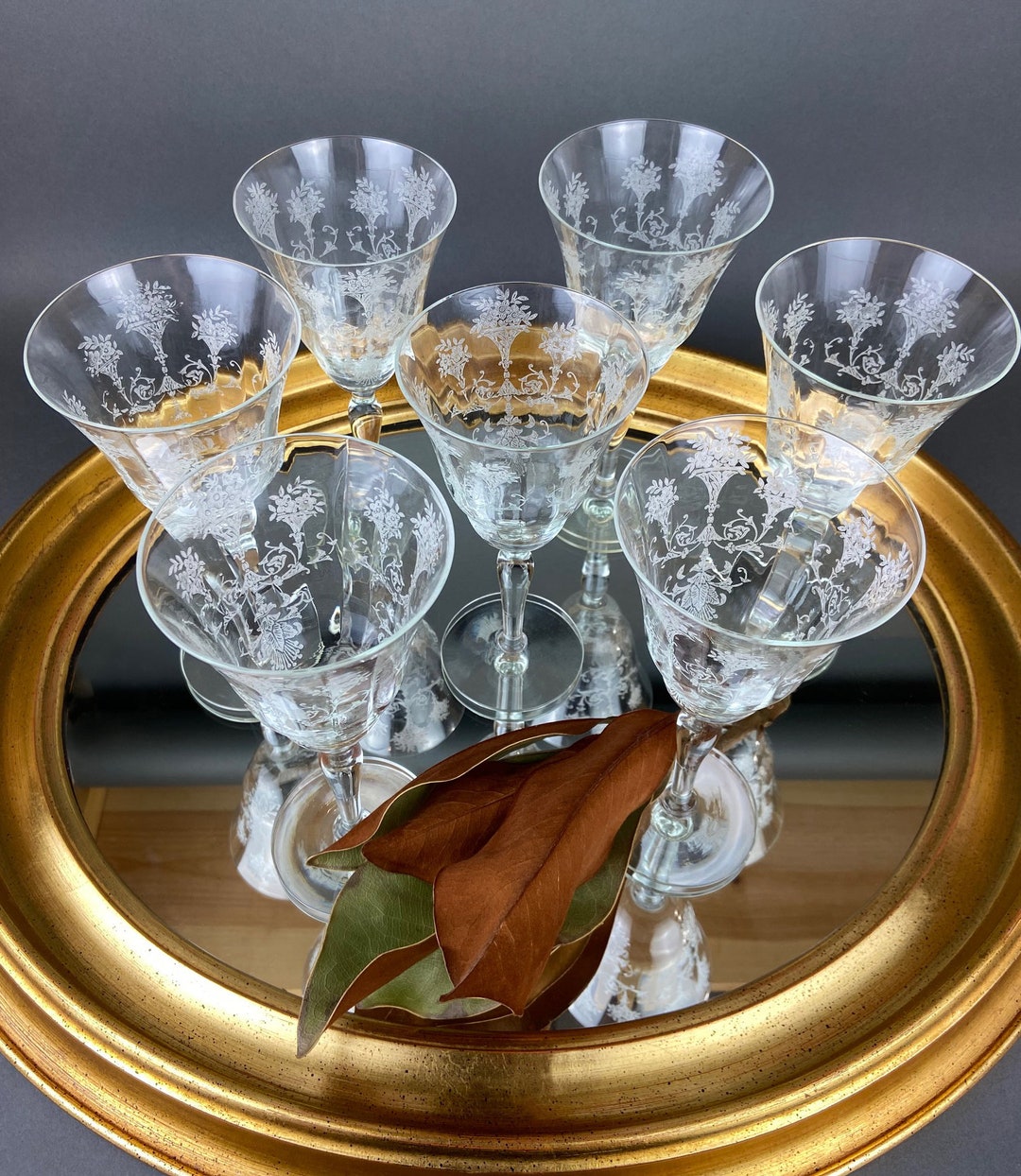 Morgantown Mayfair Etched Glasses Set Of Seven Water Or Wine Goblets Dining Room Decor