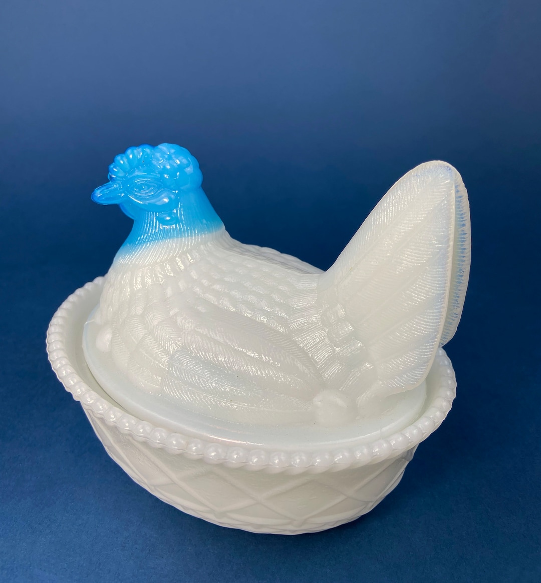 White and Blue Glass Hen in a Basket. Milk Glass Chicken Sitting on ...