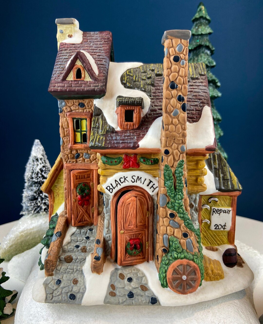 Blacksmith Repairs Christmas Village House. Whimsical Illuminated ...