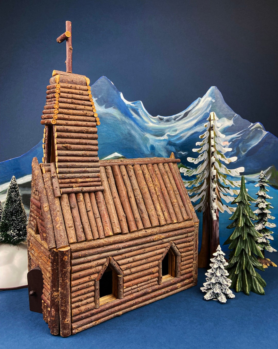 Wooden Church. Christmas Decor. Handmade Illuminated Log Chapel With ...