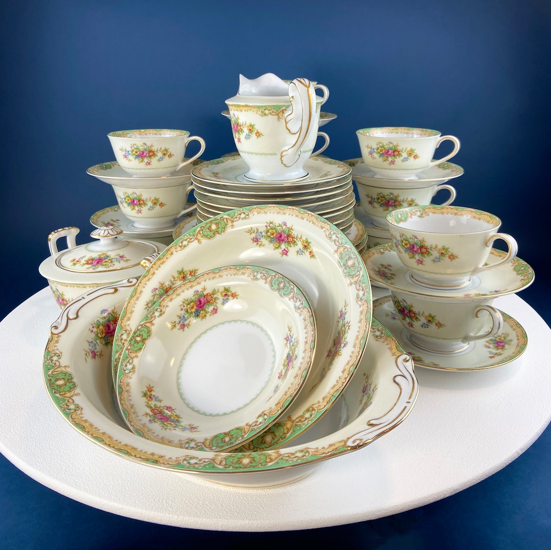 Mikado Fine China Dinnerware Set: Green Floral Cottagecore Dishes - Etsy