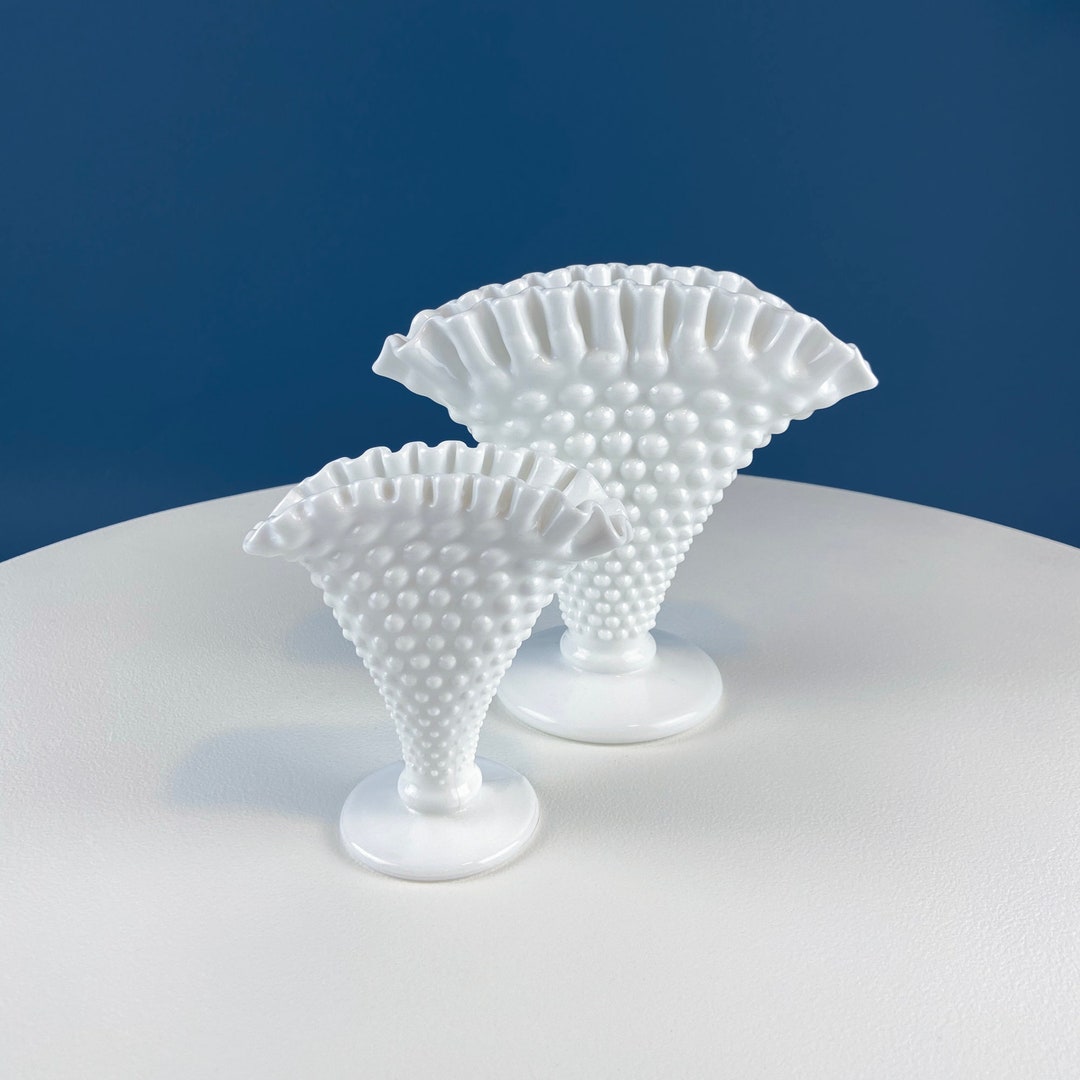 Set of Two Fan Shaped Hobnail Milk Glass Vases. Two Sizes With ...