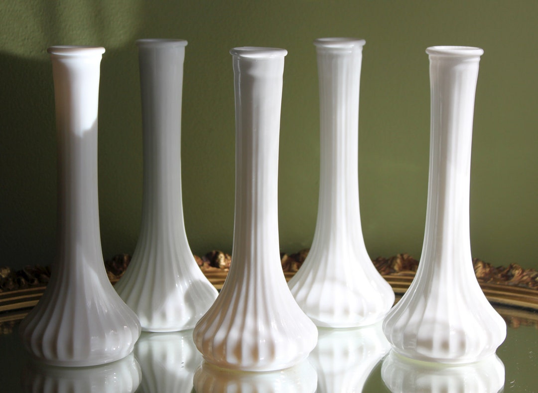 Milk Glass Fluted Vases With Ribbed Pattern. Set of Five Vases. Wedding ...