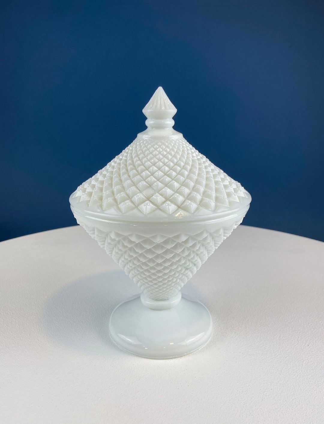 Milk Glass Bowl With Lid. Diamond Pattern, Cone Shaped Bowl With Cover ...