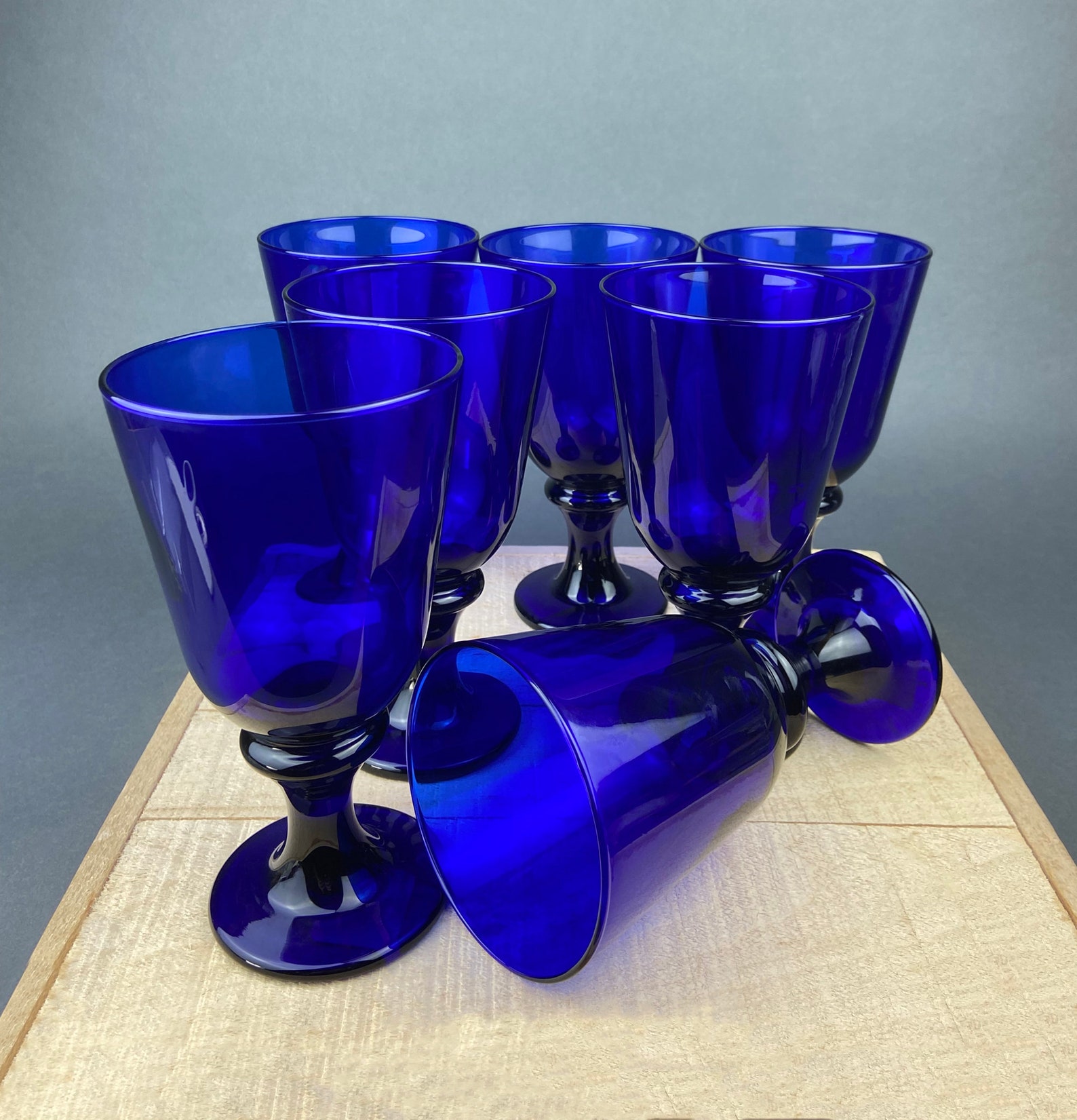 Cobalt Blue Glass Water Goblets Set Of Eight Contemporary Etsy