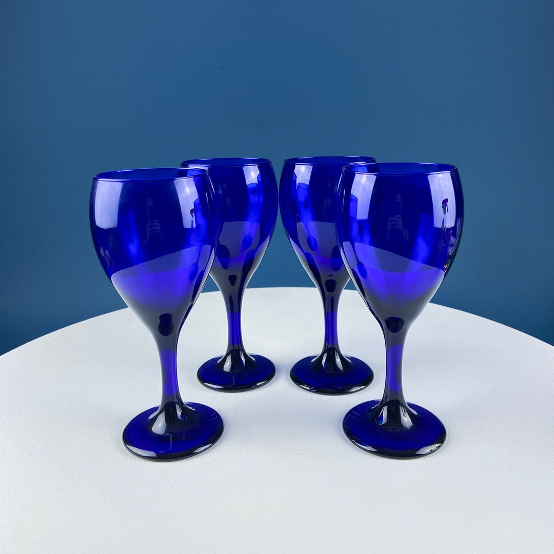 Cobalt Blue Wine Glasses. Set of Four Stemware. Dark Blue Modern Design ...