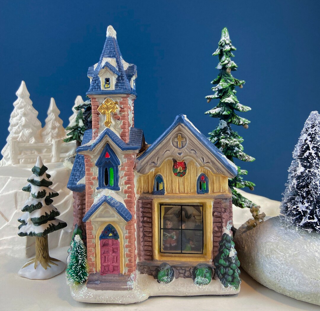 Illuminated Porcelain Church for Christmas Village. Window Shows One ...