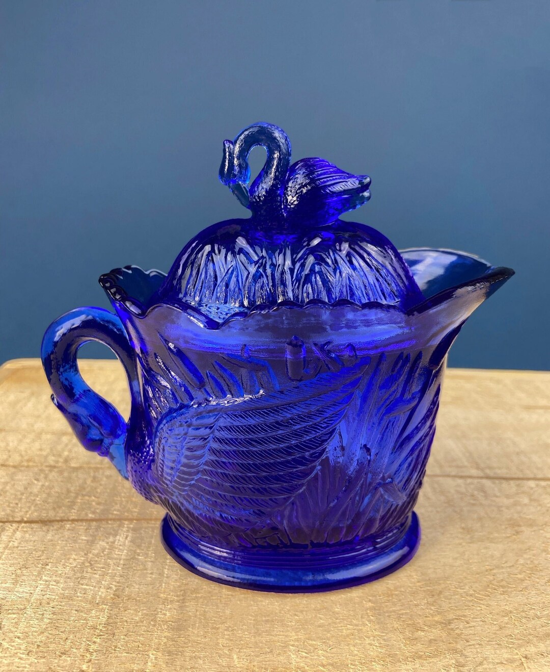 Cobalt Blue Creamer With Swan-shaped Handle and Lid. Glass Creamer With ...