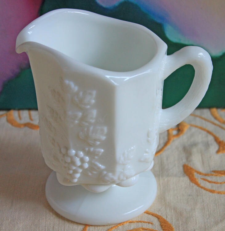 Milk Glass Pitchers with Embossed Leaves and Grapes Pattern. | Etsy