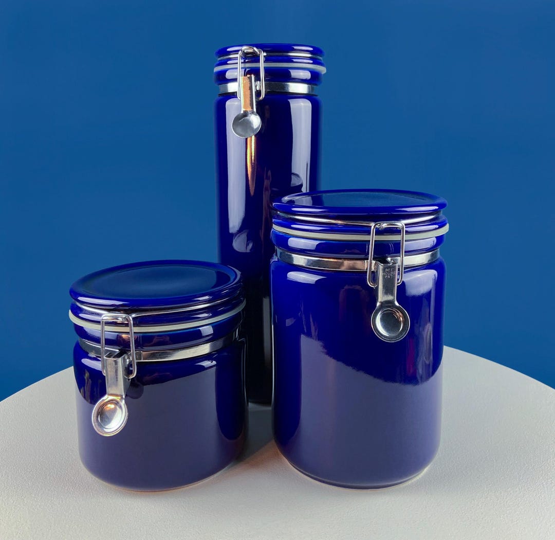 Cobalt Blue Ceramic Bee House Canisters With Lids & Wire Bale Clasps ...